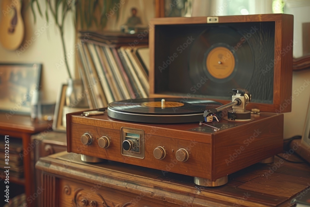 A beautifully restored vintage record player set on a mid-century ...