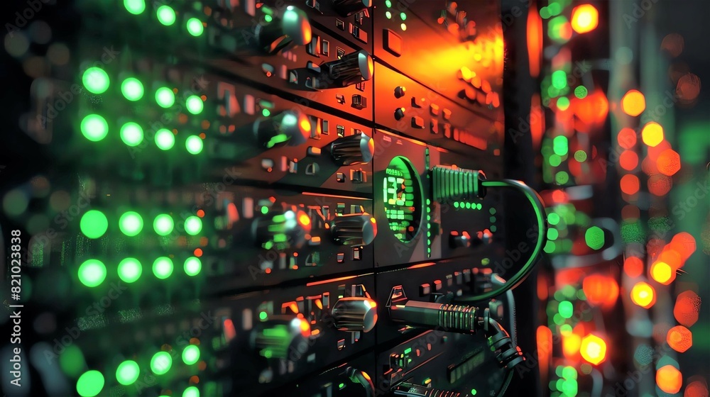 Server Rack A 3D server rack with blinking lights and cables ...