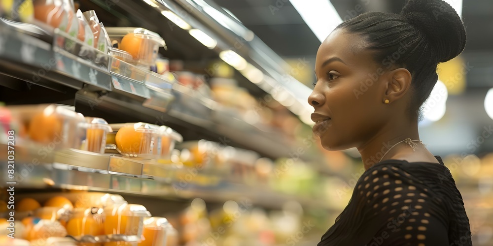 Black woman shopping with cart in grocery store. Concept Grocery ...