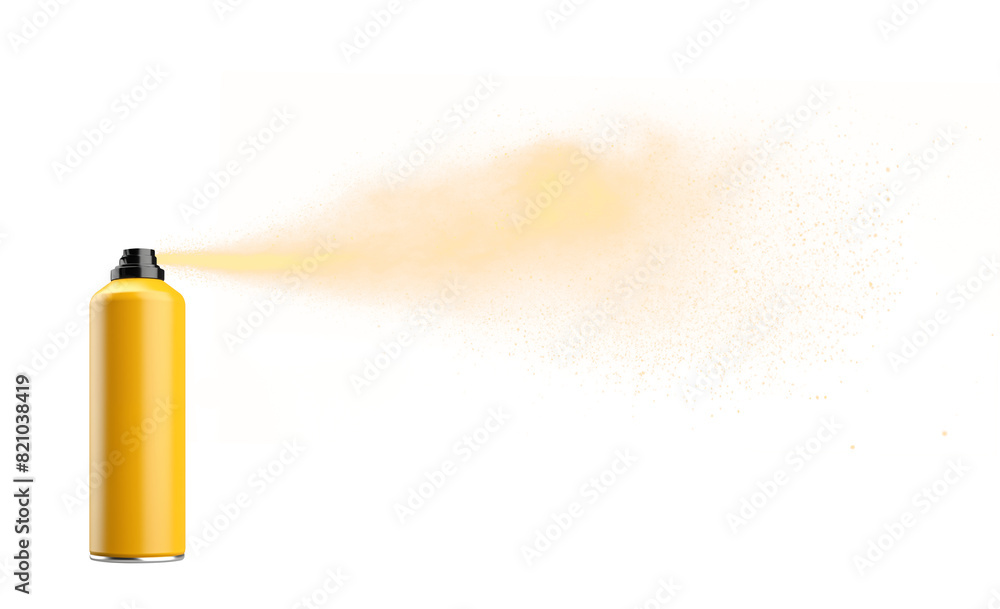 Yellow metallic blank spray can with yellow spray. Isolated transparent ...