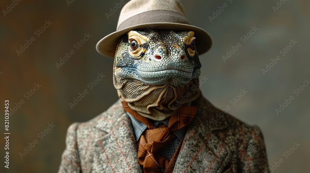 An anthropomorphized Komodo dragon adorned in a dapper suit and tie ...