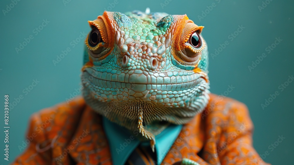 An elegantly attired lizard in a suit and tie poses for a charismatic ...