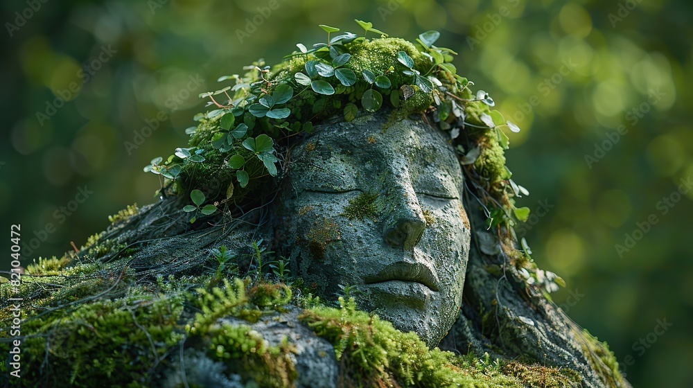 Amidst the verdant embrace of the forest, a moss-draped effigy of a ...