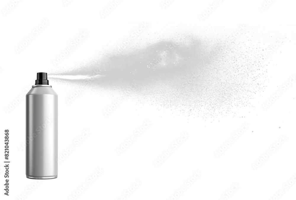 Silver metallic blank spray can with silver spray. Isolated transparent ...