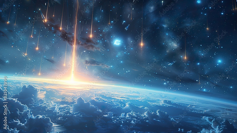 spaceships leaving planet earth for universe exploration and ...