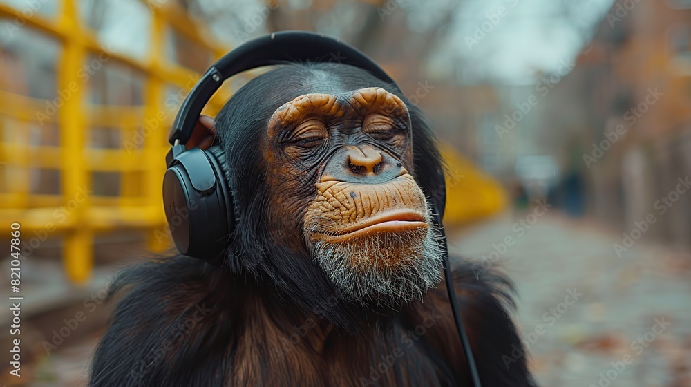 A human-like monkey wearing headphones and grinning broadly reveled in ...