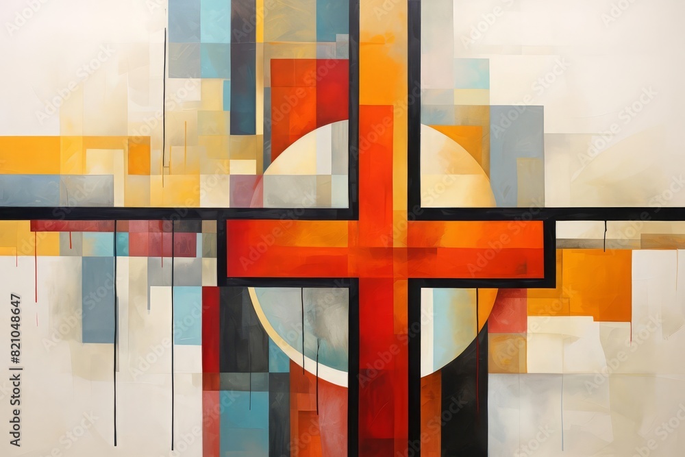 An abstract painting of a geometric cross and an open Bible ...