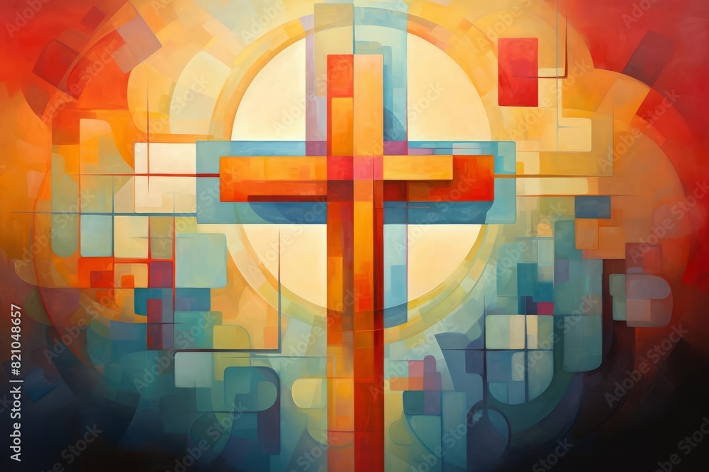 An abstract painting of a geometric cross and an open Bible ...