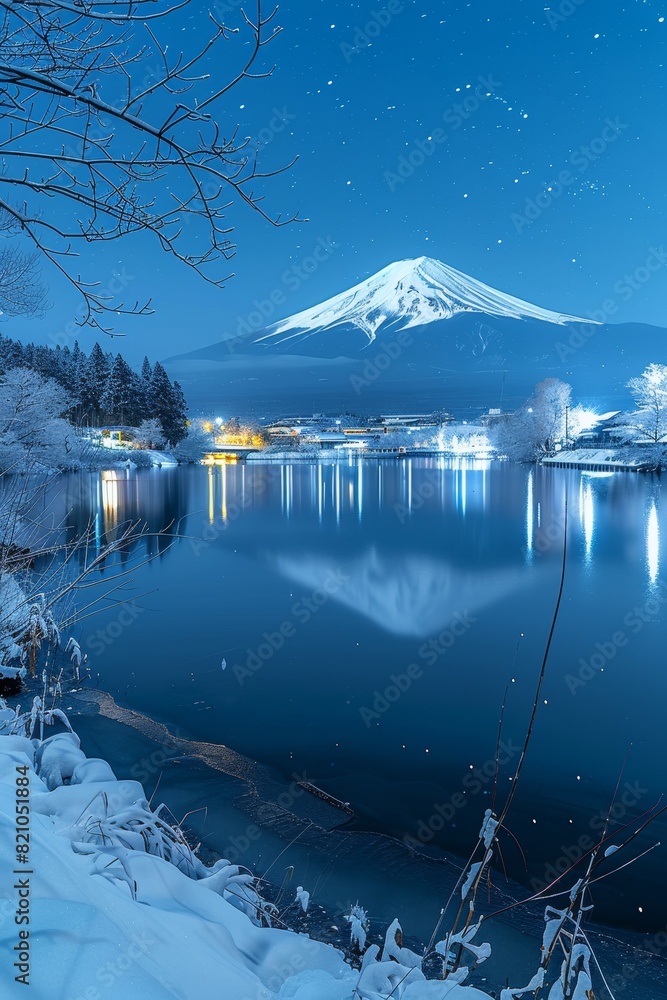 Clear night sky, Mount Fuji, star gazing, icy Lake Kawaguchi, winter ...