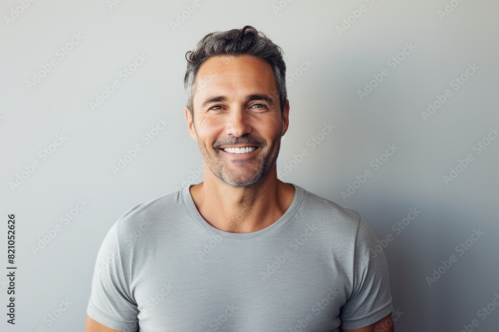 Portrait of a smiling man in his 40s smiling at the camera isolated in ...