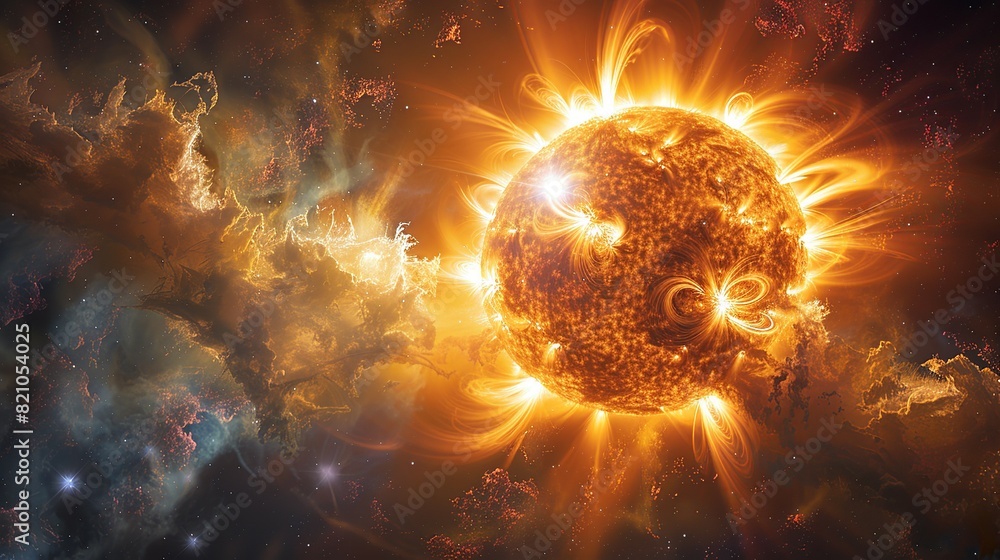 Astronomy Background, Sun emitting powerful solar winds with dynamic ...
