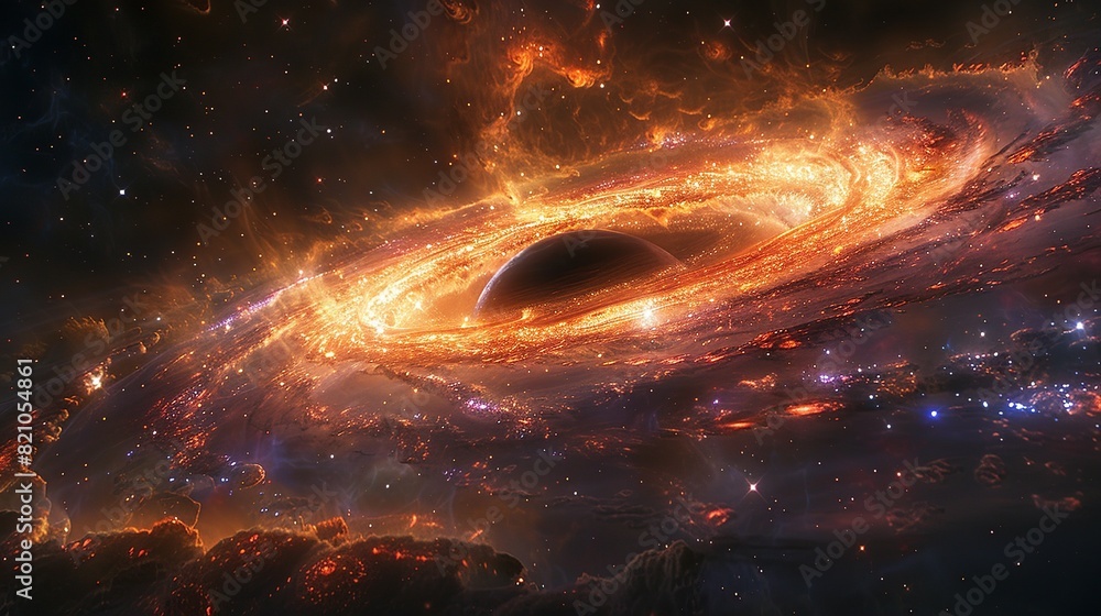 Astronomy Background, Black hole surrounded by a glowing accretion disk ...