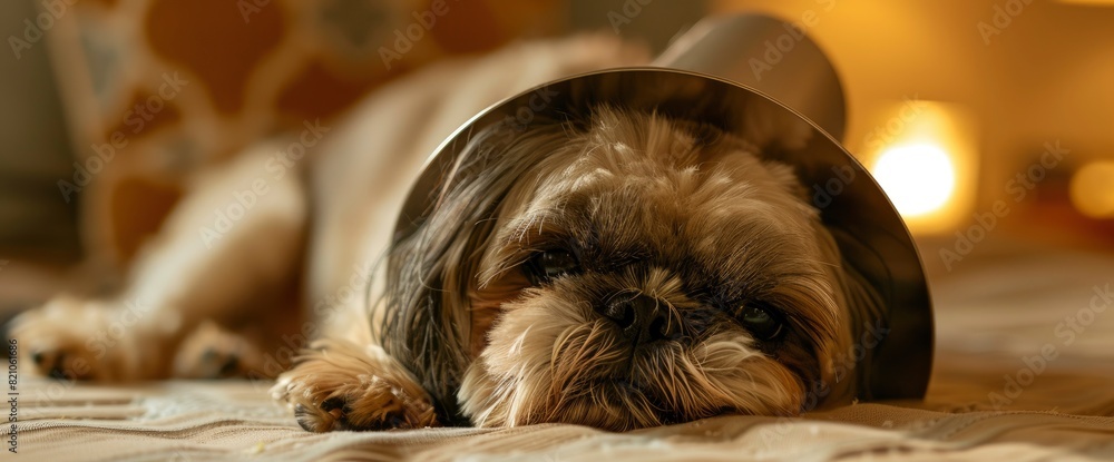 A Sick Shih Tzu, Wearing A Vet Plastic Elizabethan Collar, Lies Sadly ...
