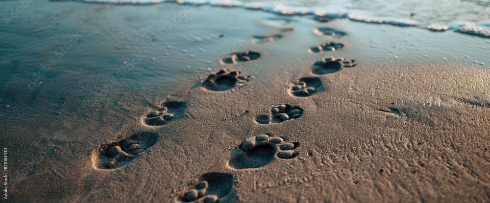 A Trail Of Dog Paw Prints Adorns The Sandy Beach, Telling A Story Of ...