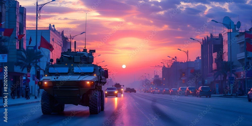 City street with an armored personnel carrier. Concept Urban Warfare ...