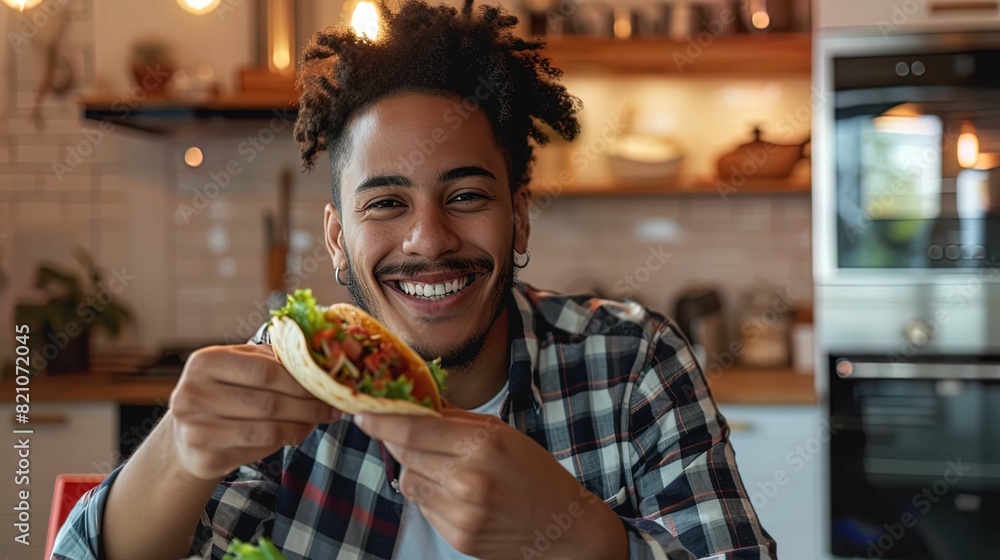 happy latin young man eating tacos at home with a latin friend --ar 16: ...