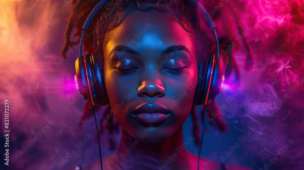 african woman wearing headphones enjoying music flow feeling emotions ...