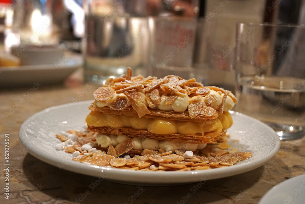 Close up Milhojas cake(Mille Feuille), stacked layers of puff pastry ...