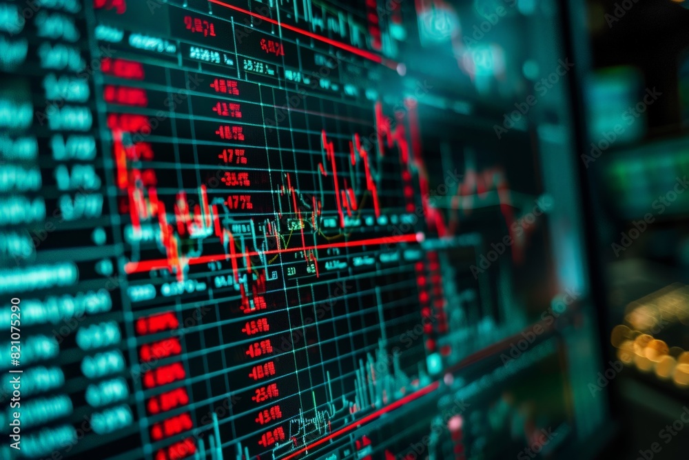 Computer monitor displays graph of stock prices. graph is red and black ...