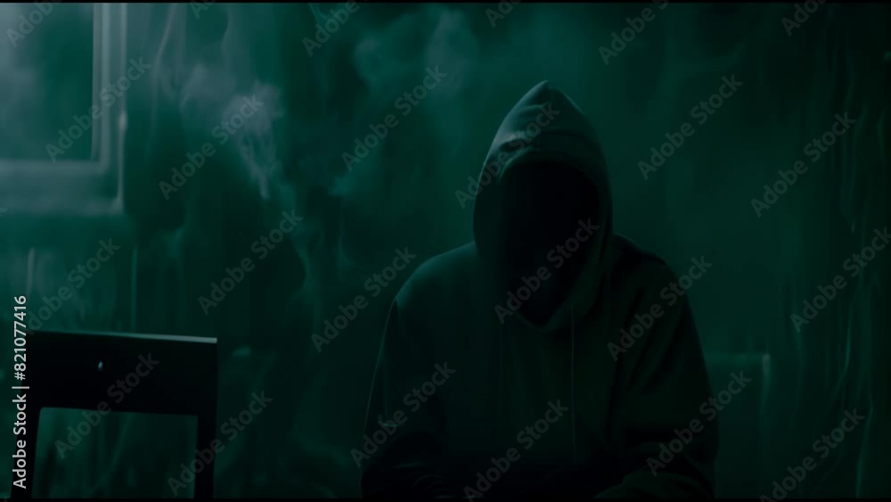 The image shows a mysterious man sitting on a chair and talking. It is ...