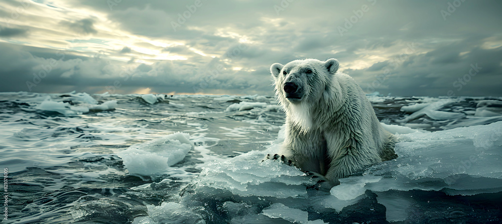 Polar bear surrounded by ocean waves, melting icebergs and arctic ...