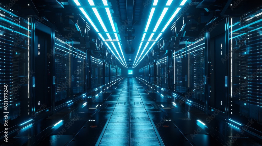 3D style of data center with glowing blue lights in a server room ...