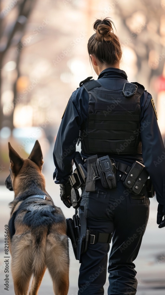 Female police officer and her K9 partner patrolling a crowded city ...