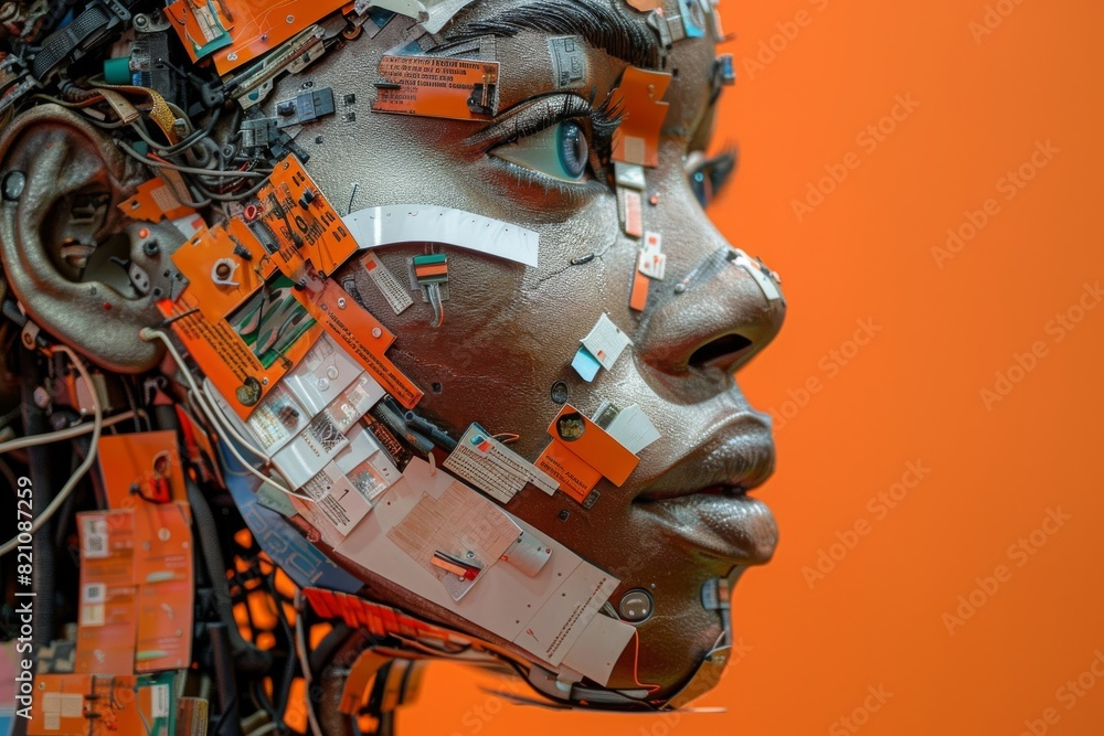 Innovative mechanical face with AI text overlay on orange backdrop ...