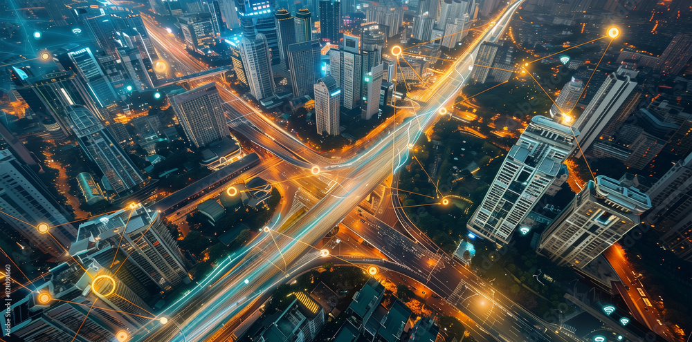 Aerial view of a futuristic Asian megacity at dusk, integrating ...