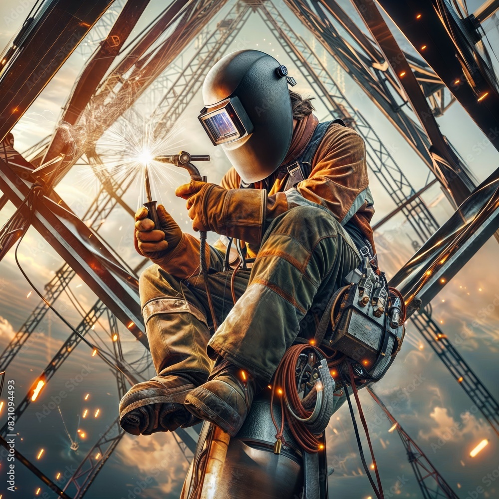 A masked welder showcases expert skills while working on a structural ...