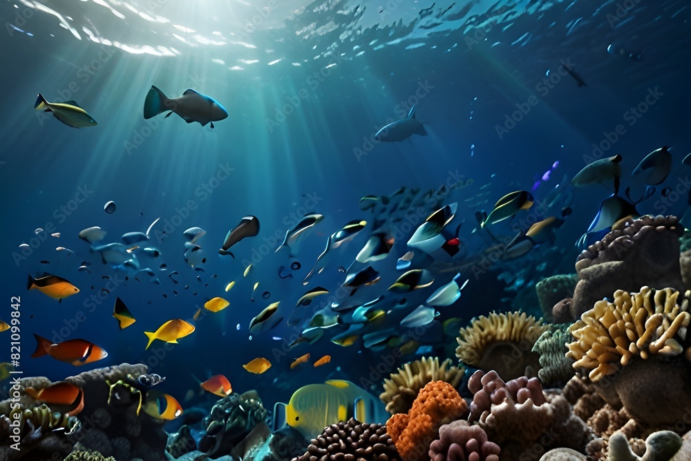 Foto de beautiful underwater scenery with various types of fish and ...