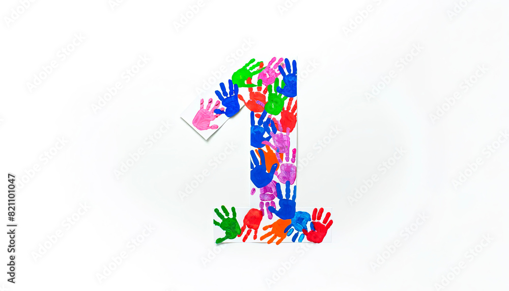 Number 1 made of colorful handprints on a white background. Concept ...
