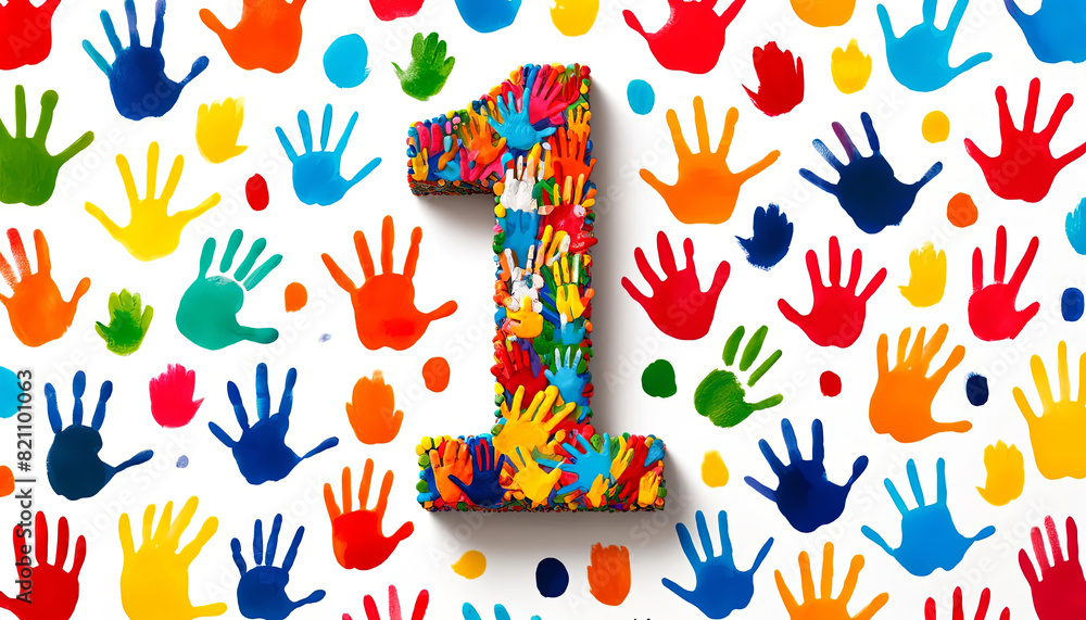 Number 1 made of colorful handprints surrounded by vibrant handprints ...