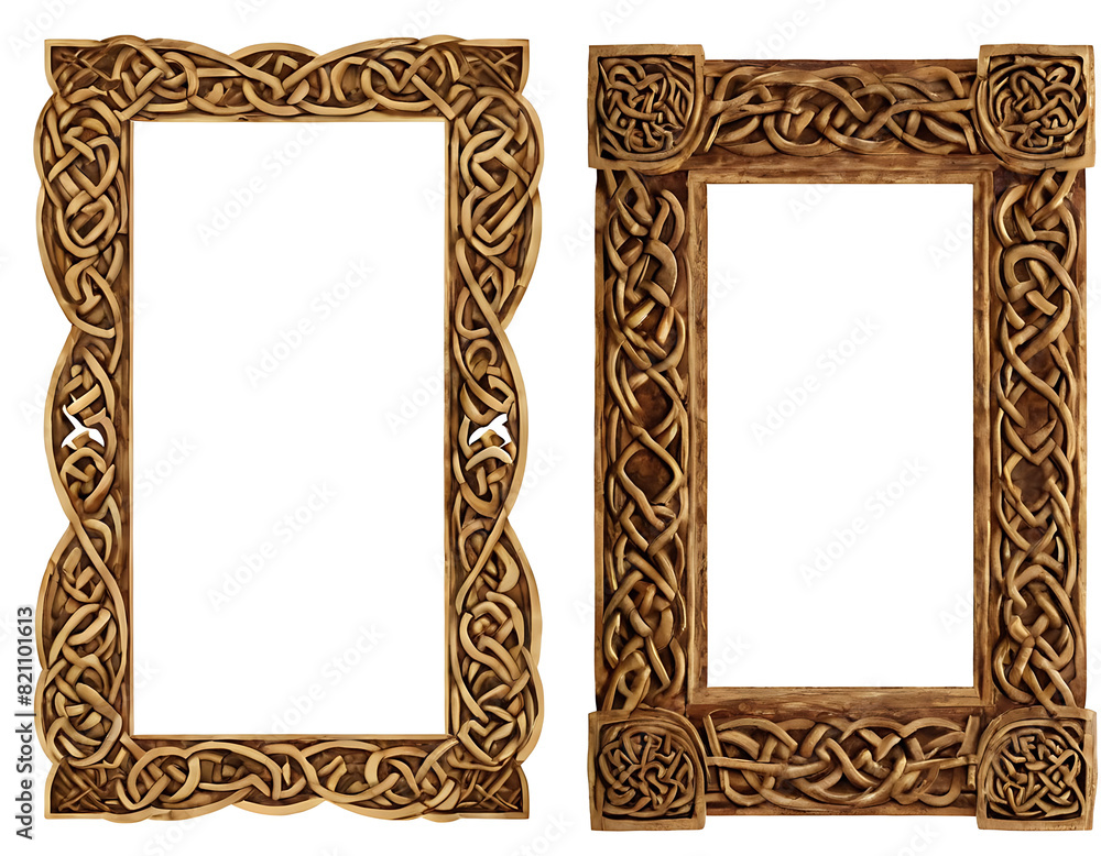 Two ornate, golden picture frames with intricate Celtic knot designs ...