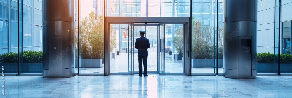 Uniformed security guard stands guard at the glass entrance of an ...