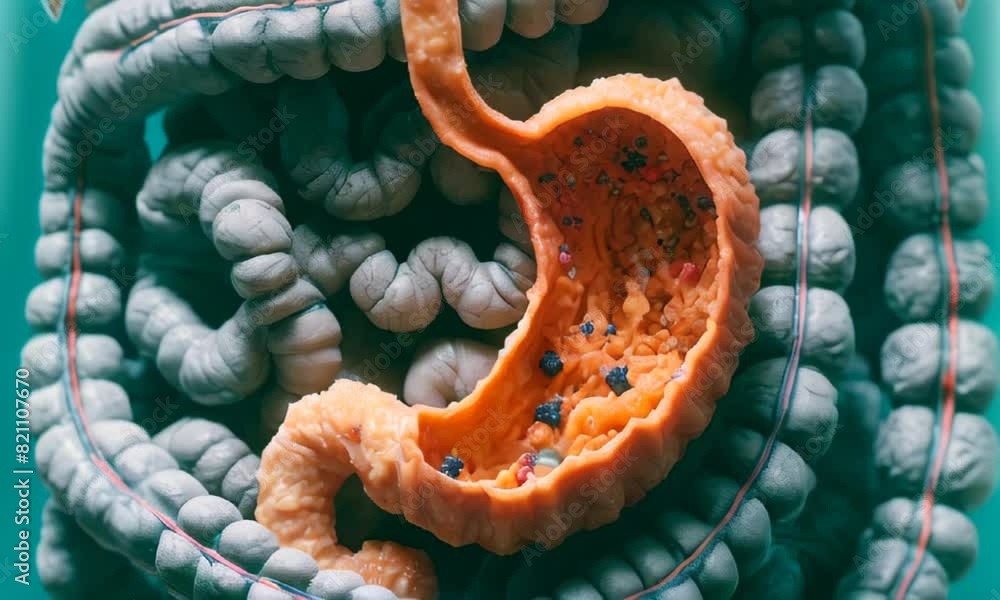 A highly detailed depiction of the inside of the human stomach. The ...