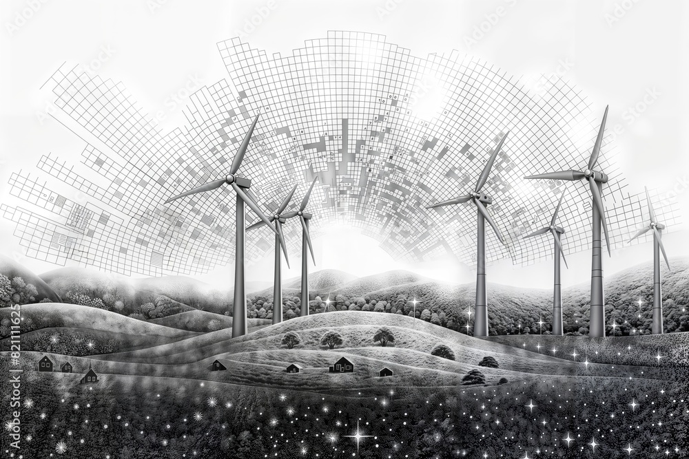 A black and white drawing of a wind farm on a rolling hill. The wind ...