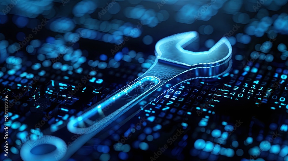 Blue digital wrench spanner with glowing binary code: AI in maintenance management systems ...