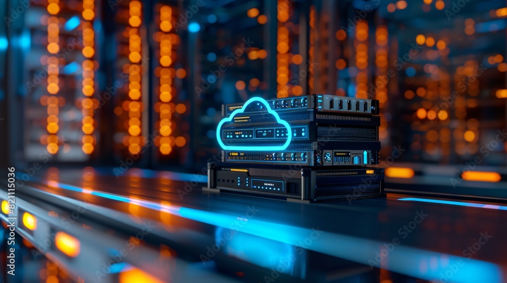 Cloud computing server rack in a data center with glowing lights and ...