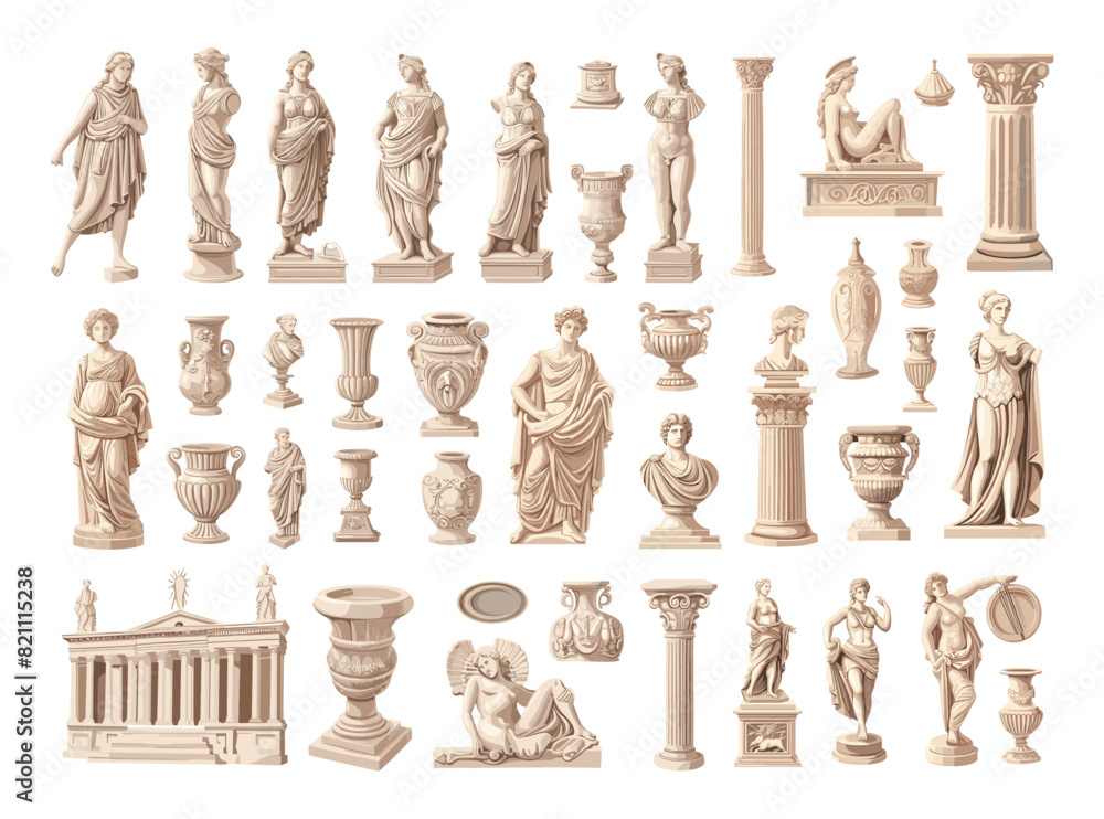 Antique sculptures cartoon vector set. Statues male female greek roman ...
