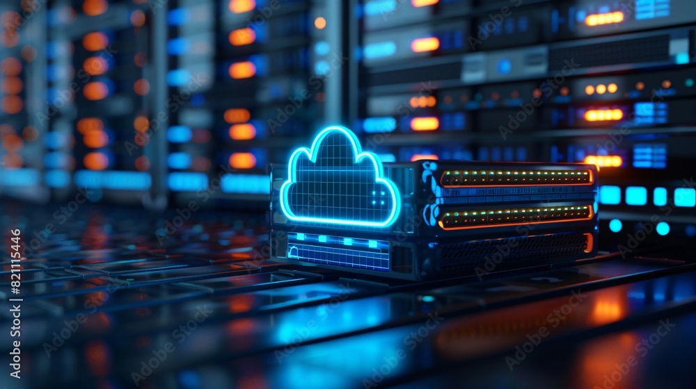 Futuristic cloud computing server in a data center, neon lights ...
