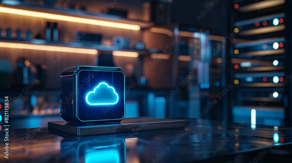 Futuristic data storage concept with glowing cloud icon in modern ...