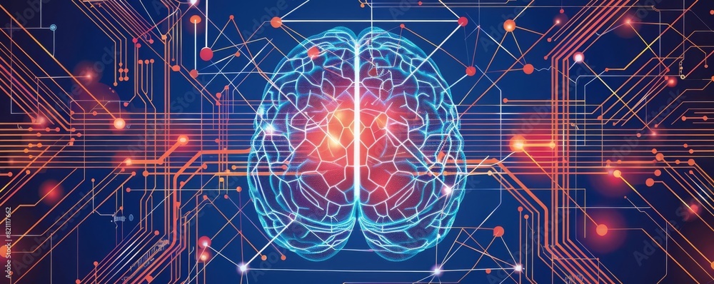 A detailed diagram of a human brain with neural pathways linked to blockchain nodes, top view ...