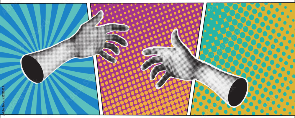 Retro hands. Pop art graphic. Comic sticker. Doodle signs collage ...