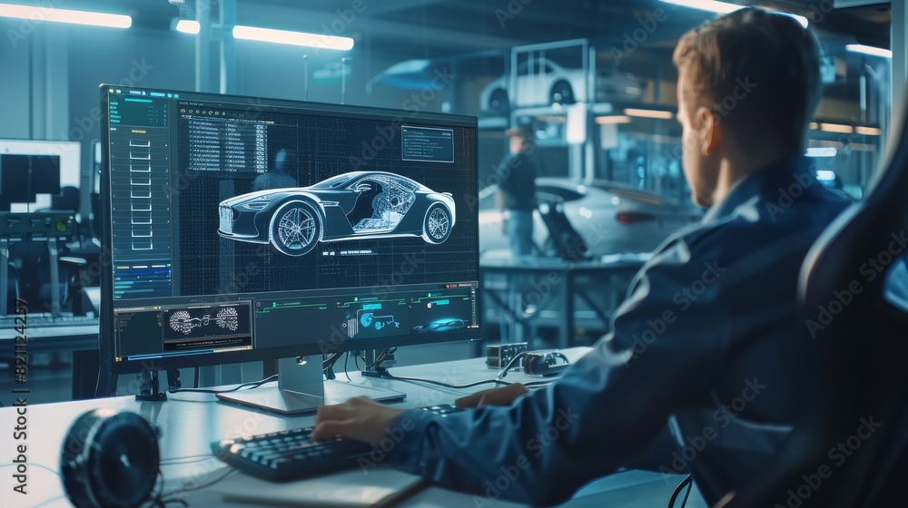 Over the shoulder image of an engineer at a desktop computer ...