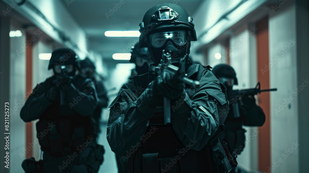 An armed SWAT team moves through the hallway of a dark seized office ...