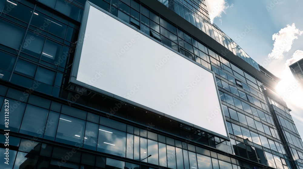 Large blank empty signboard mockup on the side of a modern office ...