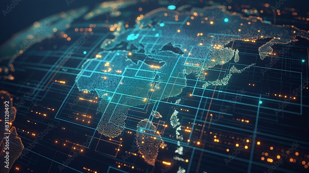 Abstract digital world map, concept of global network and connectivity, artificial general ...