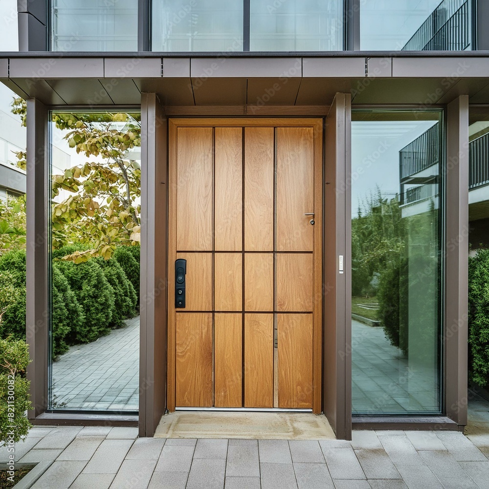 A modern architectural scene featuring a wooden door with a metal frame ...