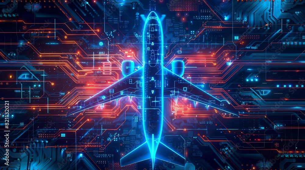 Illustration of an electric jet plane symbol overlaid on an electronic ...